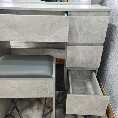 Grey Dressing Table with 4 Drawers Led Bulbs Lights Mirror Padded Stool ...