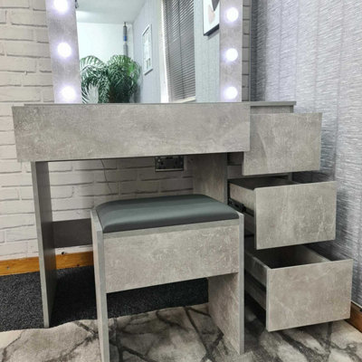 Grey Dressing Table with 4 Drawers Led Bulbs Lights Mirror Padded Stool ...
