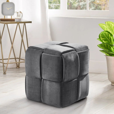 Grey Fabric Cube Footstool Square Footrest with Nonslip Foot Pads Pouffe
