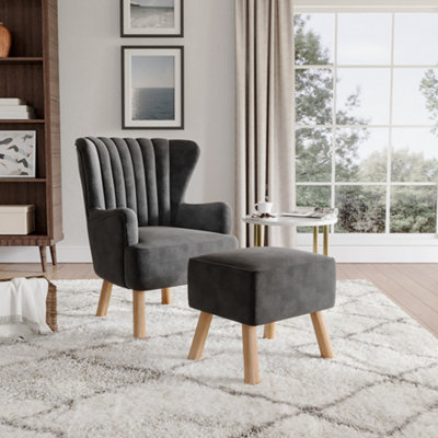 Grey Fabric Upholstered Wing Back Armchair Sofa Chair with Ottoman Footstool