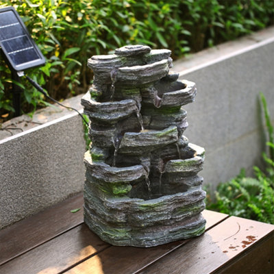 Grey Faux Rock Solar Power Resin Garden Water Fountain Water Feature ...