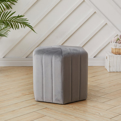 Grey Flat Bottom Hexagonal Shape Velvet Footstool W 400 x D 350 x H 320 mm