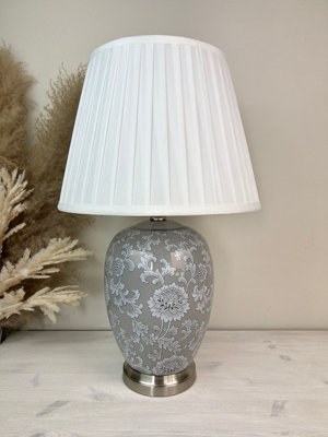 Grey Floral Ceramic Table Lamp with Pleated Shade
