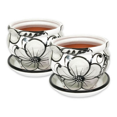 Grey Flowers Hand Painted Set of 2 Outdoor Bola Pots & Drainage Plates ...