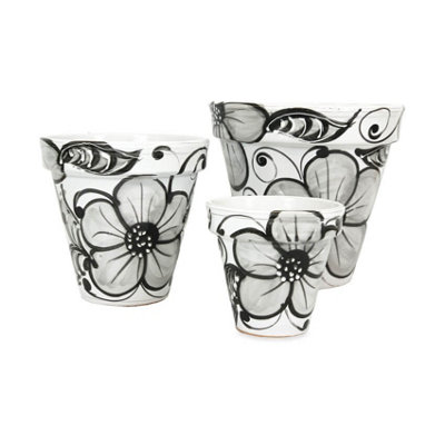 Grey Flowers Hand Painted Set of 3 Outdoor Garden Classic Plant Pots (D ...