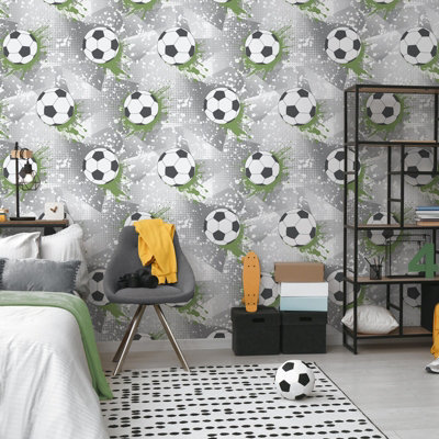 Grey Football Frenzy Wallpaper Green Boys Kids Bedroom Playroom Feature Wall