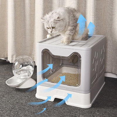 Grey Front-Entry Top-Opening Foldable Cat Litter Box, 40cm W x 50cm D x ...