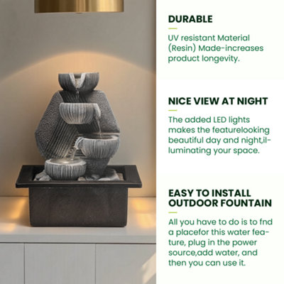 Grey Garden Resin Fountain Water Feature LED Light with Circulation Pump