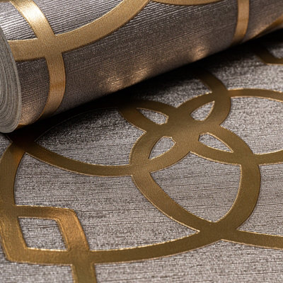 Grey Geometric Pattern Wallpaper Textured Gold Metallic Foiled Vinyl ...