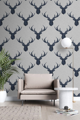 Grey Geometric Stag head Wallpaper