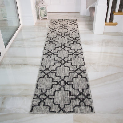 Grey Geometric Trellis Flatweave Indoor Outdoor Runner Rug 60x240cm ...