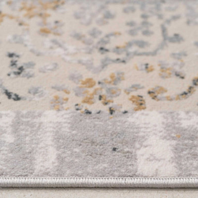 Grey Gold Metallic Traditional Medallion Distressed Living Area Rug ...