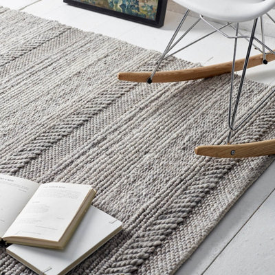 Grey Handmade Luxurious Modern Striped Easy to clean Rug for Dining ...