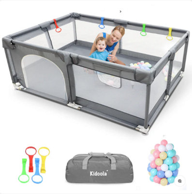 Grey Kidoola Baby Playpen with Padded Frame & Mesh Walls, Balls & Pull ...
