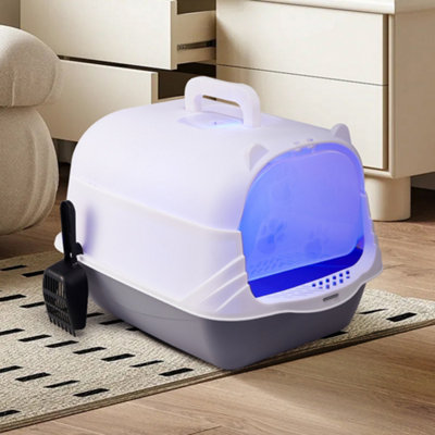 Grey Large Enclosed Cat Litter Box with Disinfection Light and Scoop ...