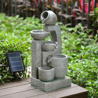 Grey Layered Cascade Waterfall Solar Powered Resin Water Fountain with ...