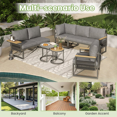 Grey Linen 5-6 Seater Garden Lounge Set with Rope Woven Corner Sofa ...