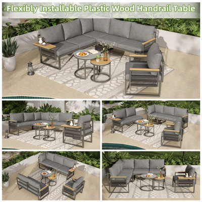 Grey Linen 5-6 Seater Garden Lounge Set with Rope Woven Corner Sofa ...