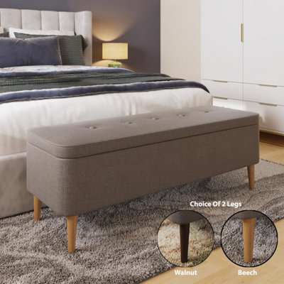 Grey Linen Ottoman Storage Bench With Solid Dark Wooden Legs