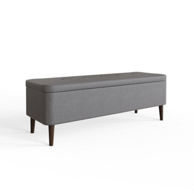 Grey Linen Ottoman Storage Bench With Solid Dark Wooden Legs
