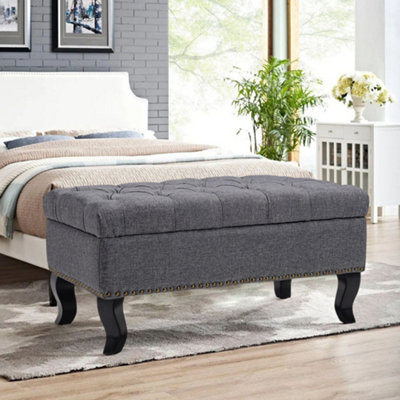 Grey Linen Upholstered Ottoman Bench Bed End Bench with Rubberwood Legs ...