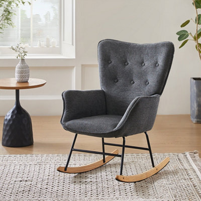 Grey Linen Upholstered Rocking Chair Padded Seat for Living Room ...