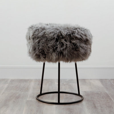 Grey Metal Genuine Sheepskin Stool