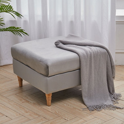 Grey Minimal Lint Square Ottoman Footstool with Rubberwood Legs W 660 x ...