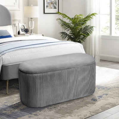 Grey Modern Oval Velvet Upholstery Pleated Storage Ottoman Bench Bed ...