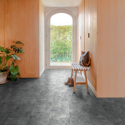 Grey Modern Tile Effect Anti-Slip Vinyl Flooring for Home, Shops ...