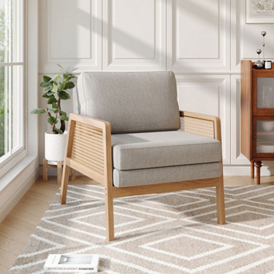 Grey Modern Upholstered Armchair with Wood Frame Rattan Arms Chair Sitting Comfortably for Living Room