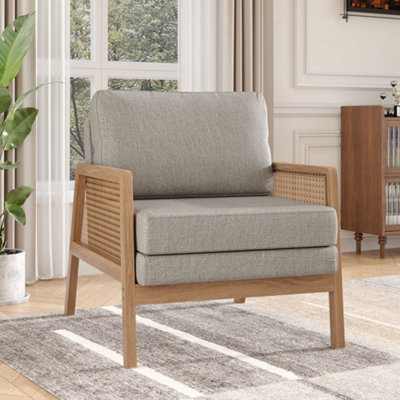 Grey Modern Upholstered Armchair with Wood Frame Rattan Arms Chair ...