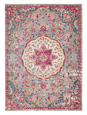 Grey Multi Floral Traditional Persian Luxurious Easy to Clean Rug for ...