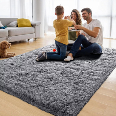 Grey Non Slip Shaggy Rug Extra Large Area Bedroom 200X290 cm Carpet ...