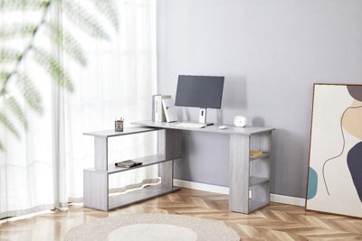 Grey Office Desk L-Shaped with Storage Shelves Wooden Room Furniture ...