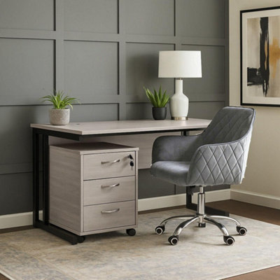 Grey Office Desk with Grey Velvet Upholstered Chair and Matching Drawer ...