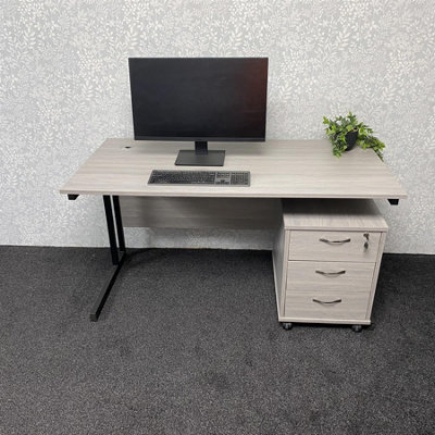 Grey Office Desk with Matching Drawer Unit Modern Wooden Furniture Set