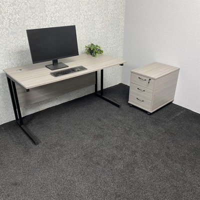 Grey Office Desk with Matching Drawer Unit Modern Wooden Furniture Set