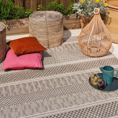 Grey Outdoor Rug, Geometric Striped Stain-Resistant Rug For Patio Decks ...