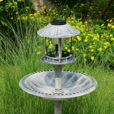 Grey Pedestal Bird Bath Feeder Planter Solar Light Garden Feeding Table
