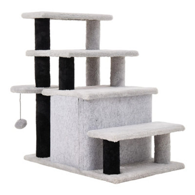 Grey Pet Stairs Cat Tree with 4-step Climb Ladder, 40cm W x 60cm D x 66cm H