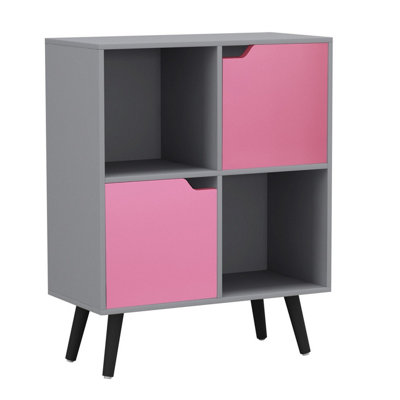 Grey, Pink, Black - 4-Cube Storage Unit with 2 Wooden Doors and Legs