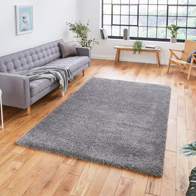 Grey Plain Shaggy Modern Plain Easy to Clean Rug Soft For Dining Room ...