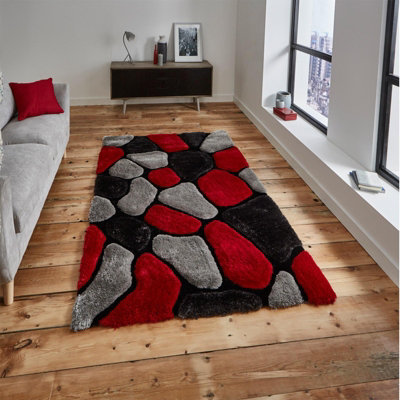 Grey/Red Rug Modern Shaggy Easy to Clean Handmade Abstract Optical/ (3D ...