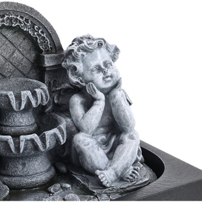 Grey Resin Tabletop Cherub Electric Fountain Water Feature with LED Light