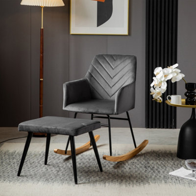 Grey Rocking Chair with Soft Cushion and Footstool, Solid Wood Legs ...