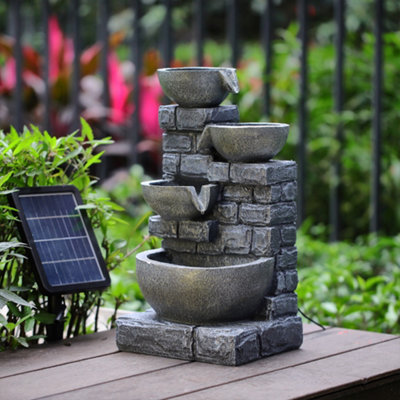 Grey Rustic Resin Rock Water Fountain with LED Lights and Solar Panel 45 cm