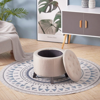 Grey Small Round Linen Button Tufted Storage Ottoman with Rubberwood Legs Dia 490 x H 435
