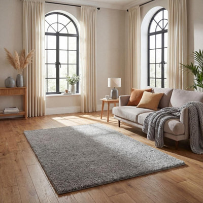 Grey Soft Plain Design Fluffy Shaggy Rugs and Runners High Pile Living ...