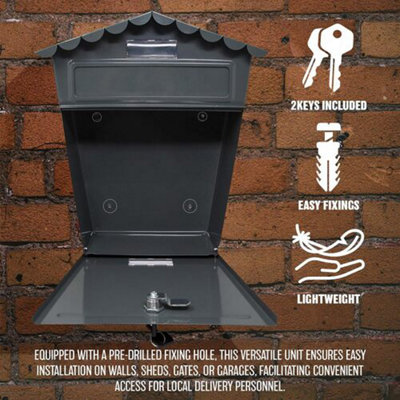 Grey Steel Post Box Large Mailbox Wall Mounted Lockable Letter Mail ...